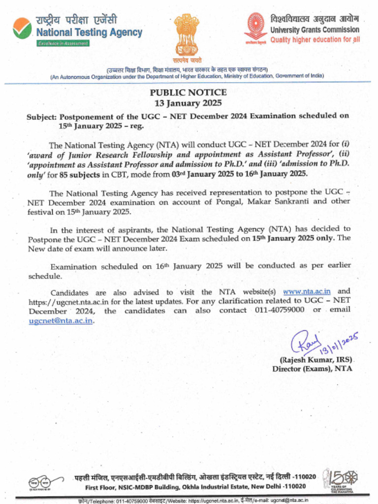 Public Notice of Postponement of The Ugc - Net December 2024 ...