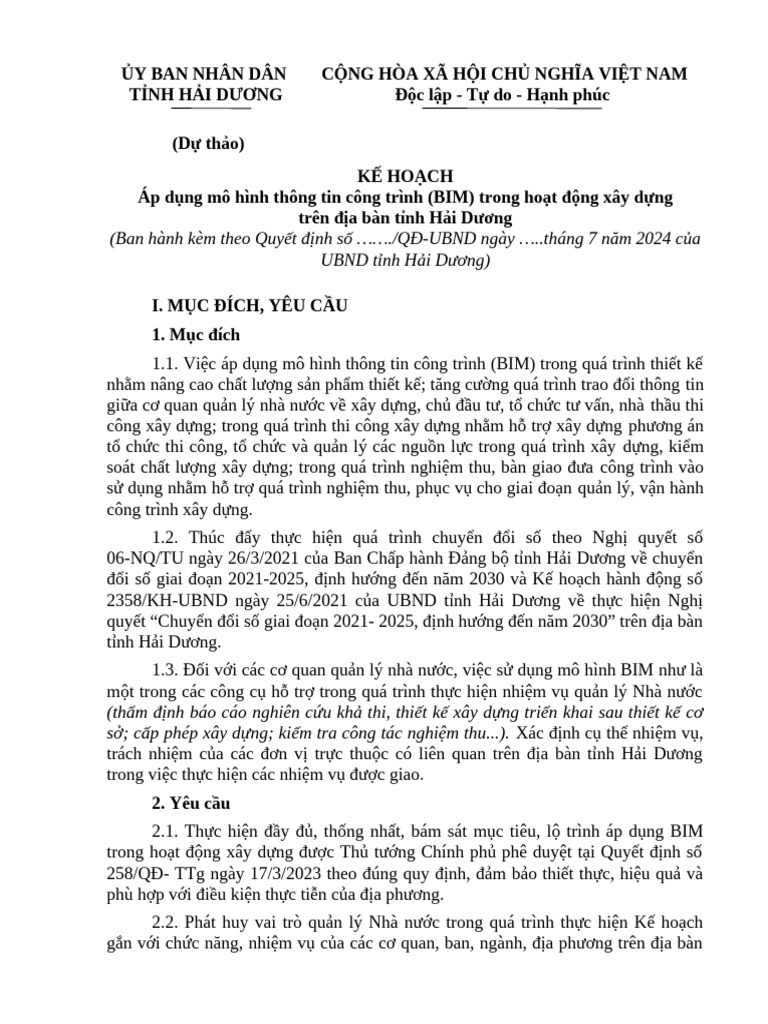 02. Du Thao KH Trien Khai QD 258_QD-TTg Ve Mo Hinh Bim 7-2024 | PDF