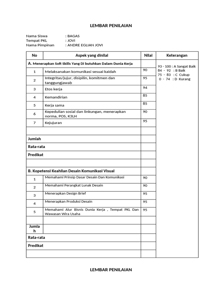 Lembar Penilaian PKL | PDF