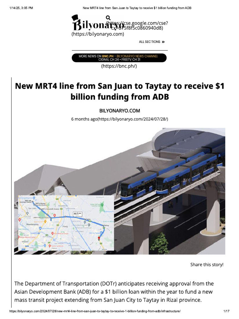 New MRT4 line from San Juan to Taytay to receive $1 billion funding ...
