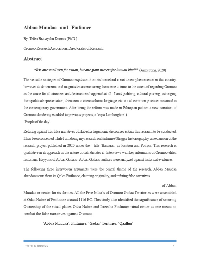 Abbaa Muudaa and Finfinnee Histories | PDF | Qualitative Research ...