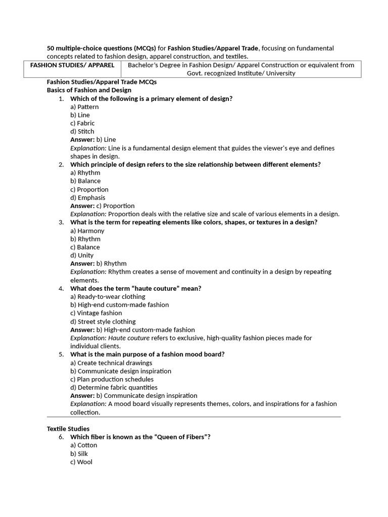 Fashion Studies-Apparel Trade 50 MCQ | PDF | Textiles | Fashion