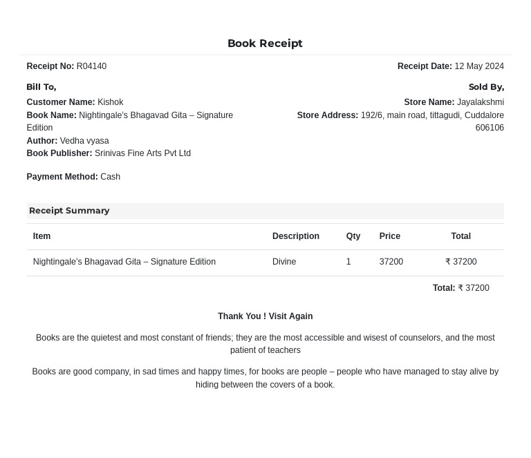 Book Receipt for Nightingale’s Gita | PDF