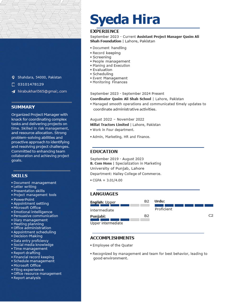 Syeda Hira CV | PDF | Cognition