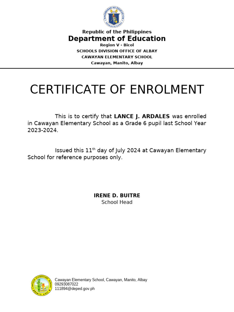 Cawayan Elementary School Enrollment Certificate | PDF