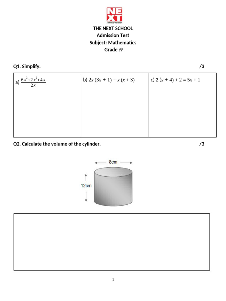 Admission Test Paper Grade 9 | PDF