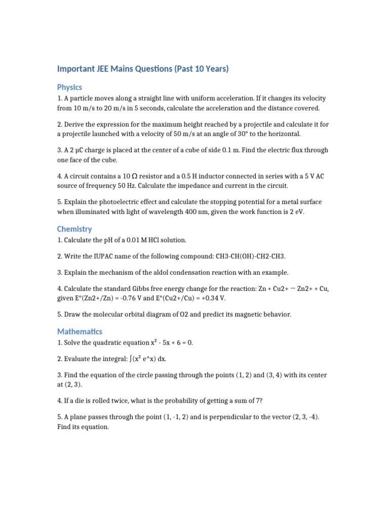 Important JEE Mains Questions | PDF