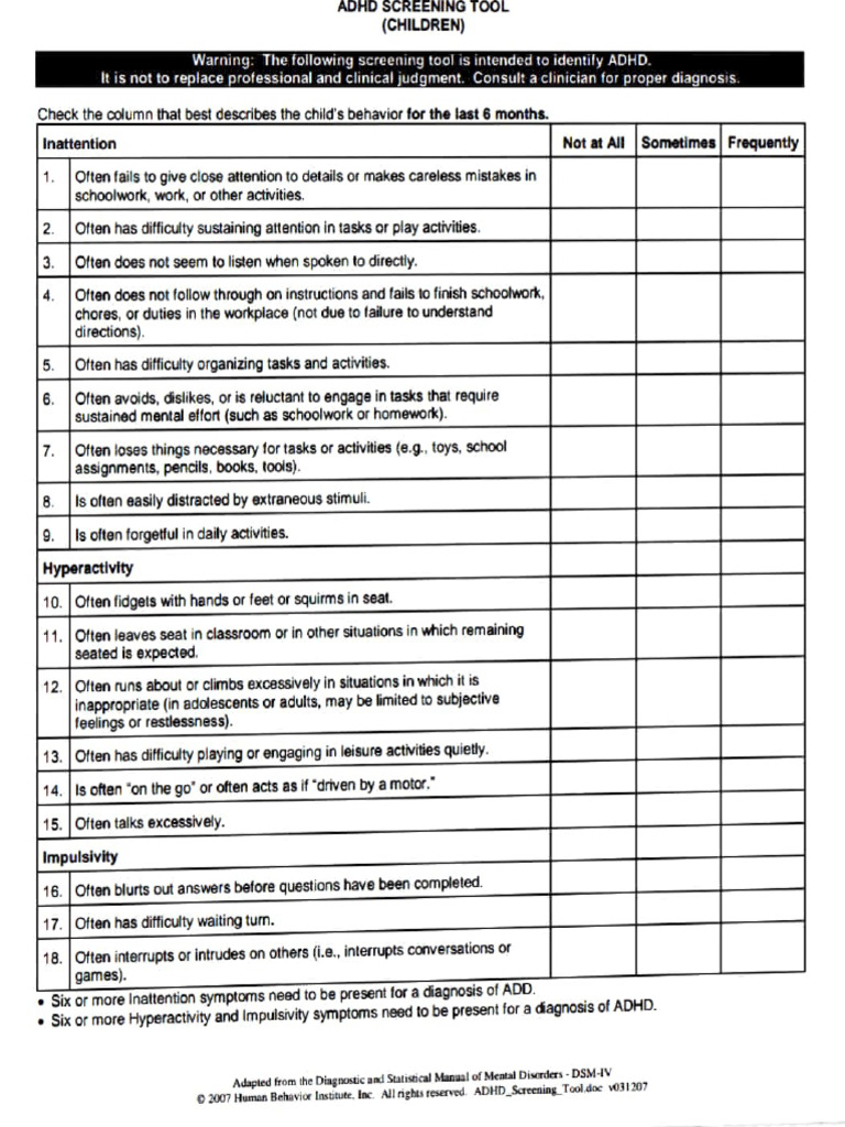 ADHD Screening Tool for Children | PDF | Attention Deficit ...