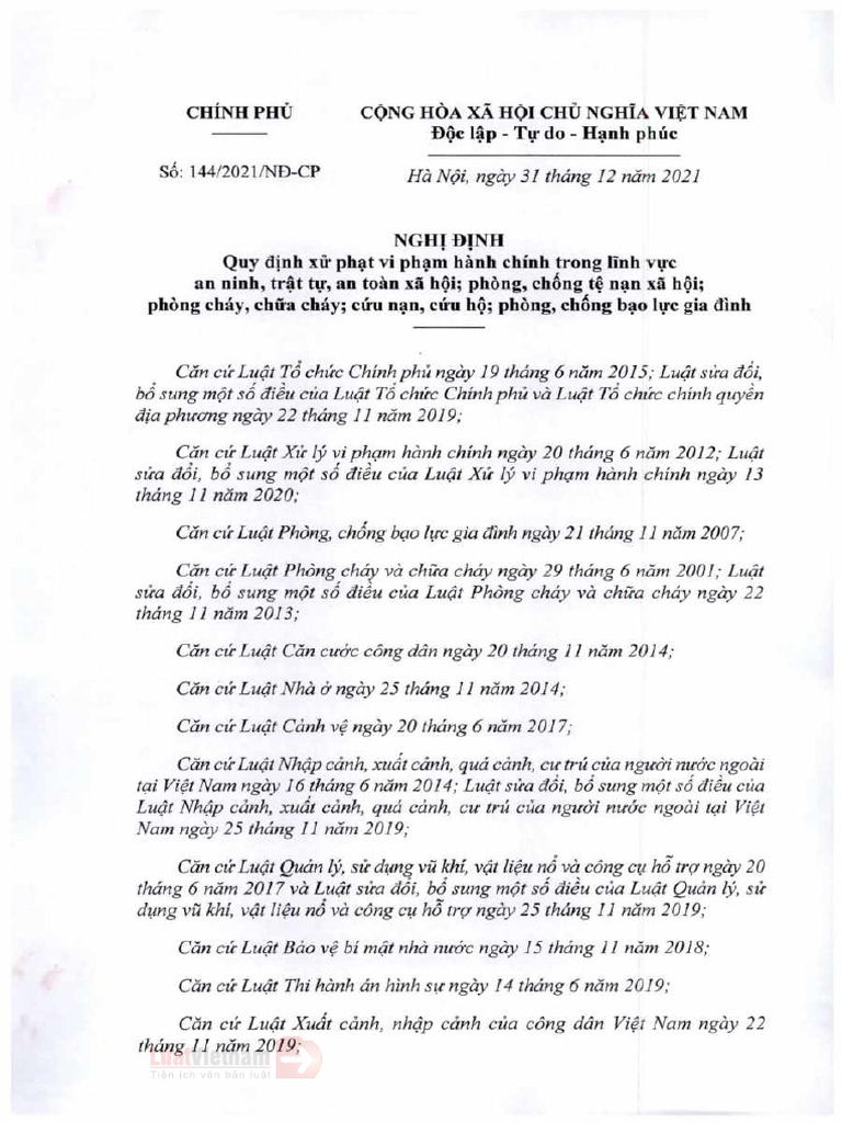 Nghi Dinh 144 2021 Nd Cp Xu Phat Hanh Chinh Linh Vuc an Ninh Trat Tu | PDF