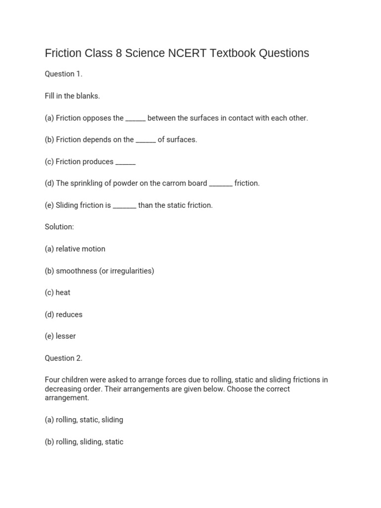Class 8 NCERT Friction Questions & Answers | PDF | Friction | Force