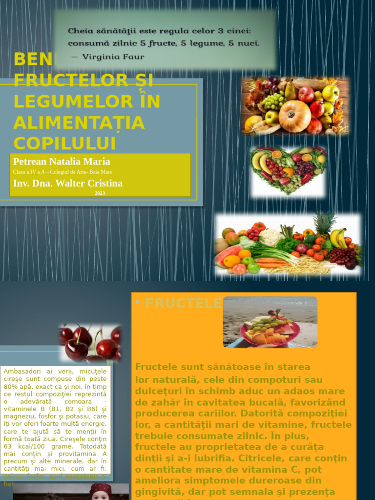 BENEFICIILE FRUCTELOR ȘI LEGUMELOR ÎN ALIMENTAȚIA COPILULUI - Natalia | PDF