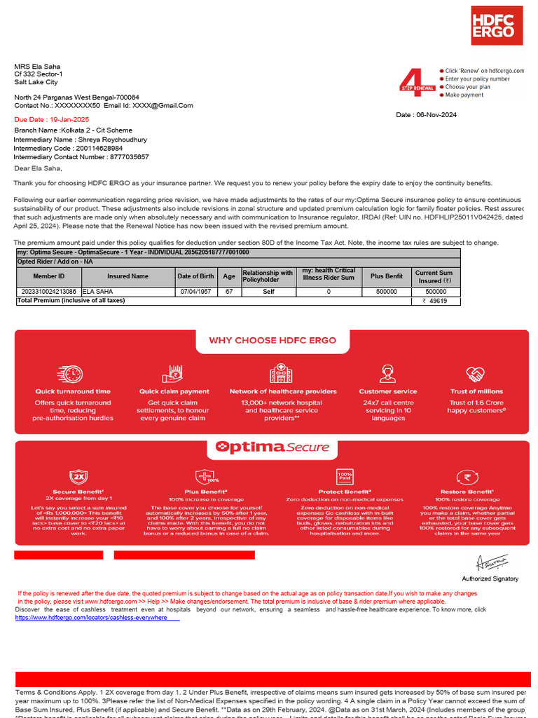 Ela Saha - HDFC Ergo Optima Secure Renewal Notice - Jan 25 | PDF ...