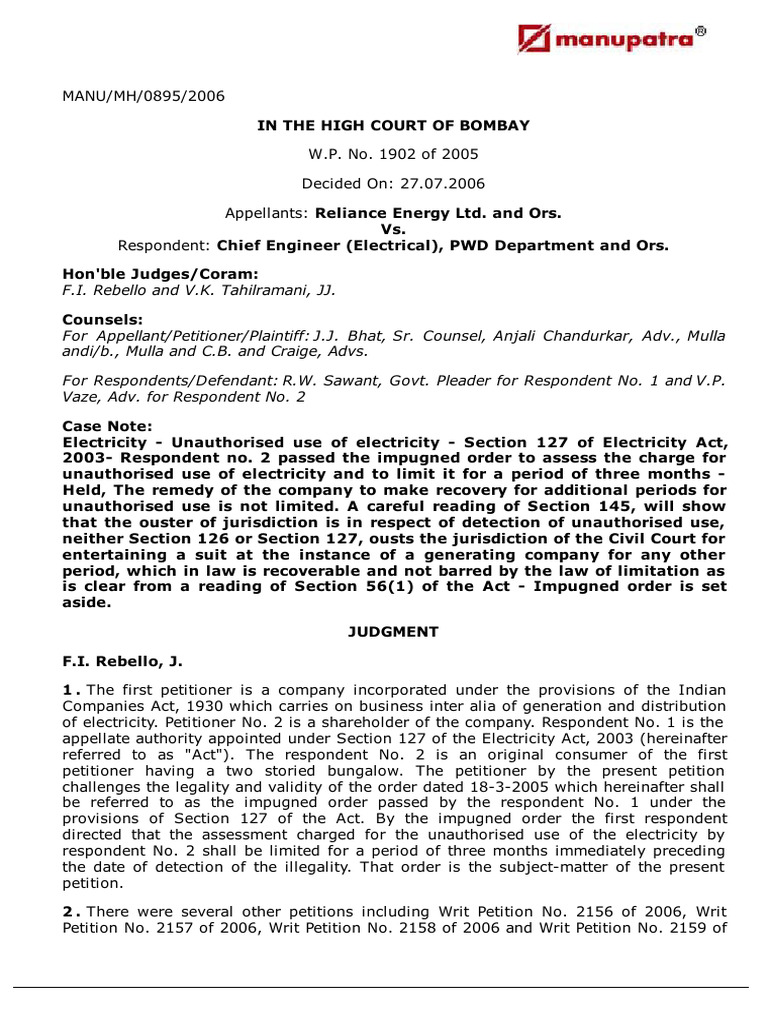 Reliance Energy v. Chief Engineer | PDF | Lawsuit | Jurisdiction