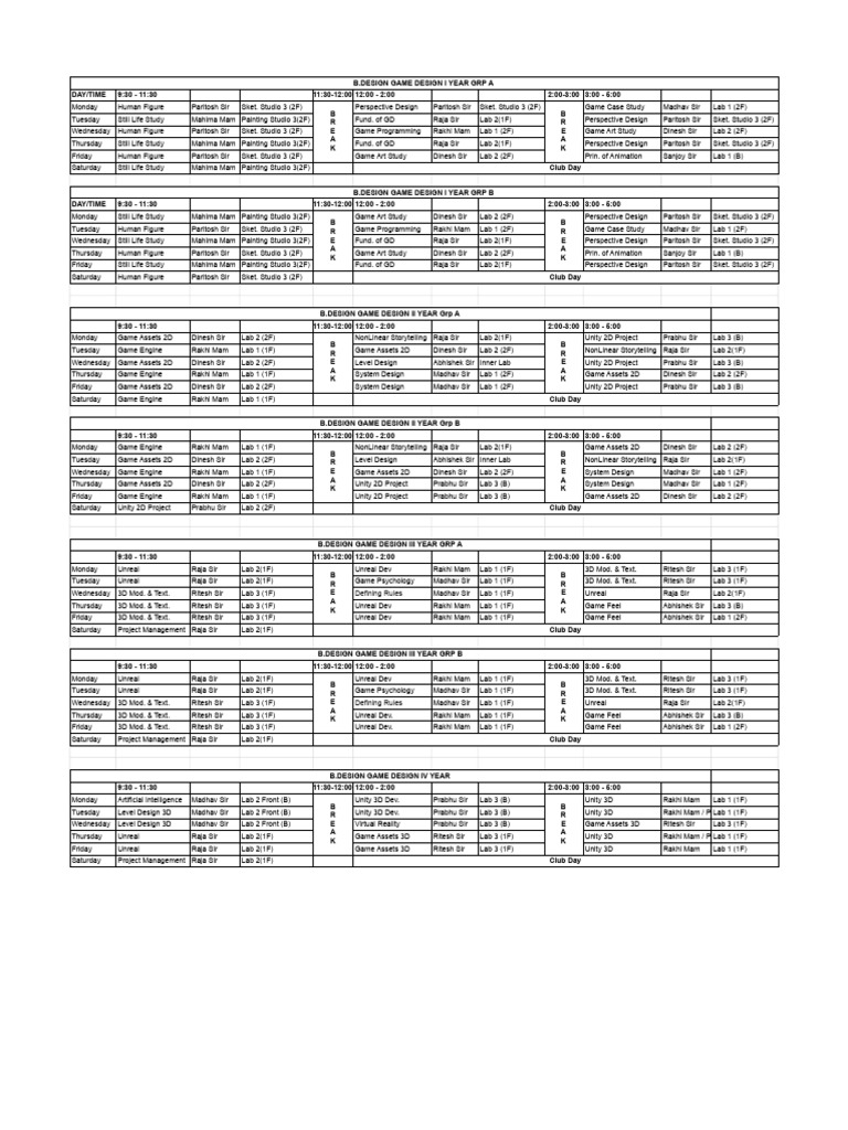 Class Schedule - Game Design | PDF