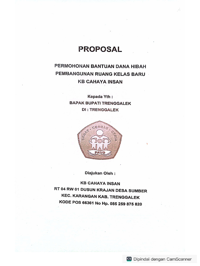 Proposal Permohonan Bantuan Dana Hibah Pembangunan Ruang Kelas Baru KB Cahaya Insan | PDF