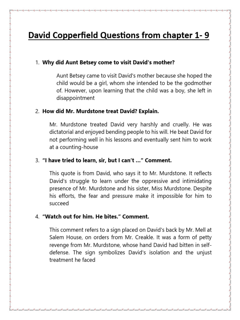 David Copperfield Questions From Chapter 1-5 | PDF | David Copperfield