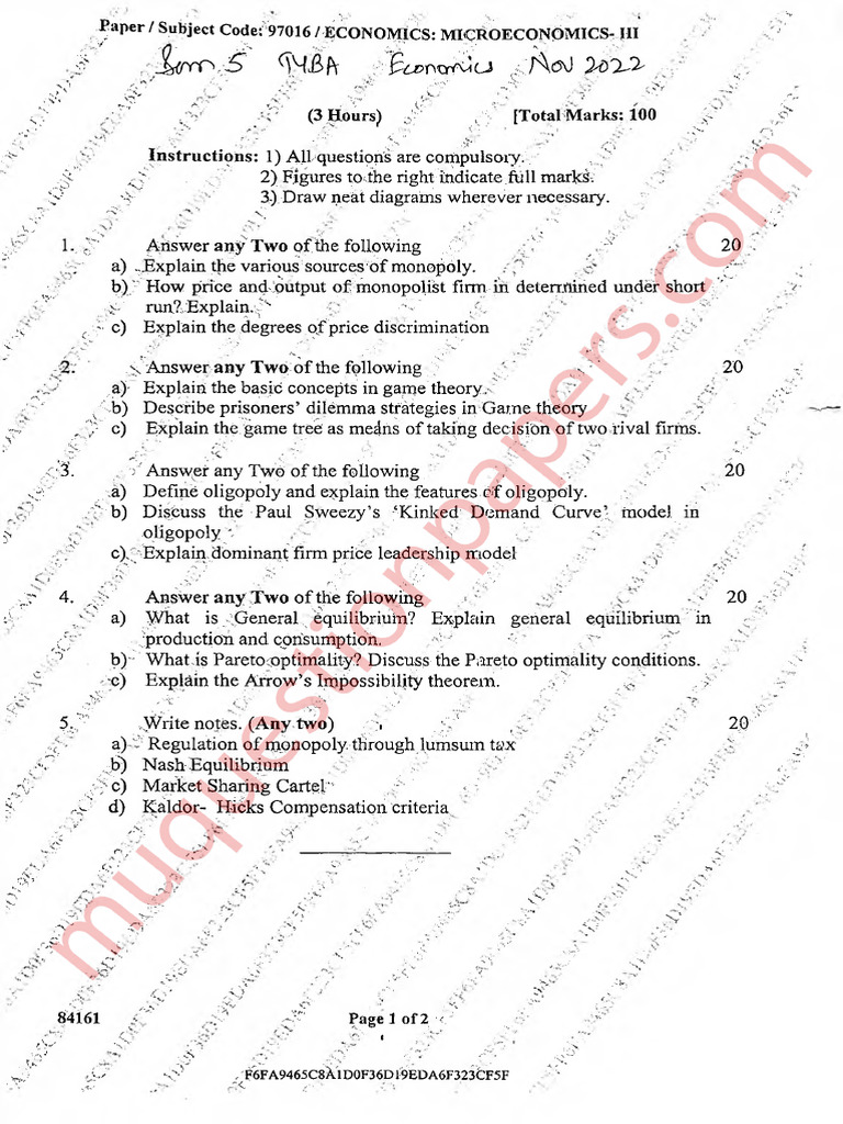 Arts - Ba Economics - Semester 5 - 2022 - December - Microeconomics III R 2021 | PDF ...