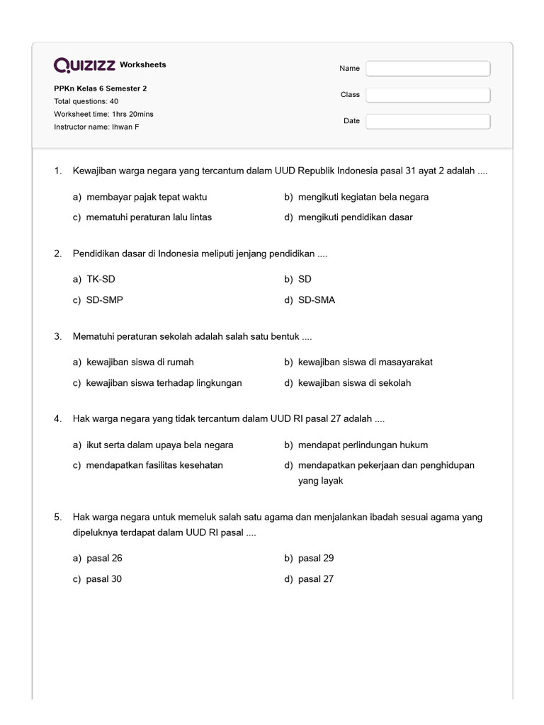 PPKN Kelas 6 Semester 2 - Quizizz | PDF