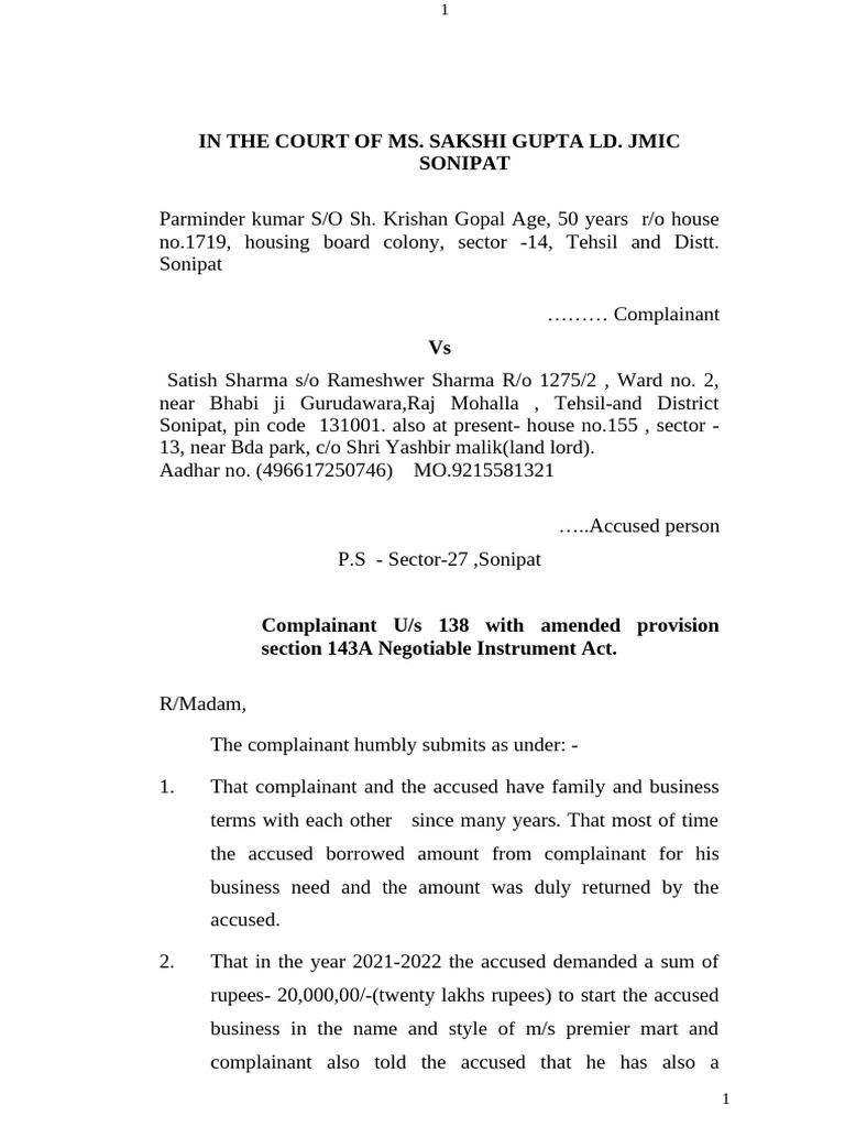 Dishonored Cheque Case: Parminder Kumar vs. Satish Sharma | PDF ...