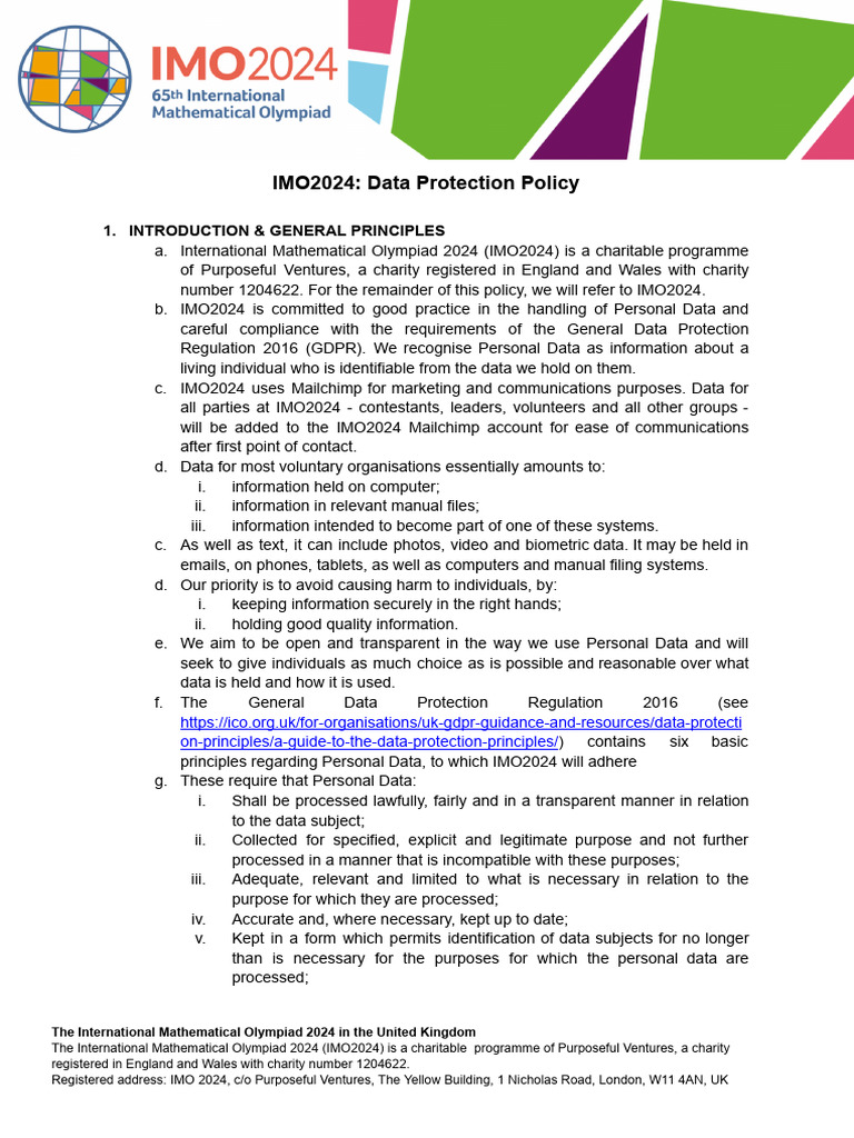 IMO2024 Data Protection Policy | PDF | Information Privacy | Charitable ...