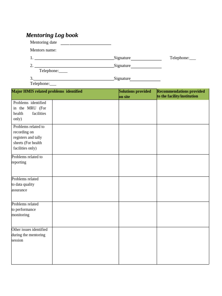 Mentoring Log Template for Health Facilities | PDF