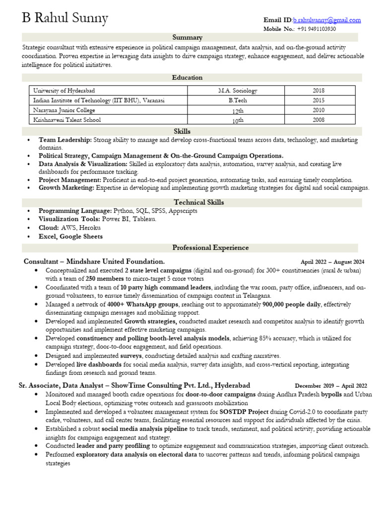 Resume Rahul Sunny - Consultant | PDF | Social Media | Data Analysis