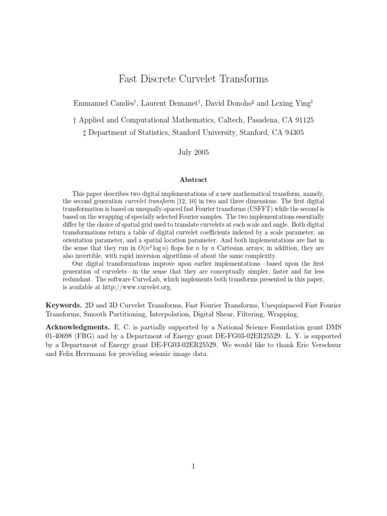 Fast discrete curvelet transforms | PDF | Wavelet | Mathematical Analysis