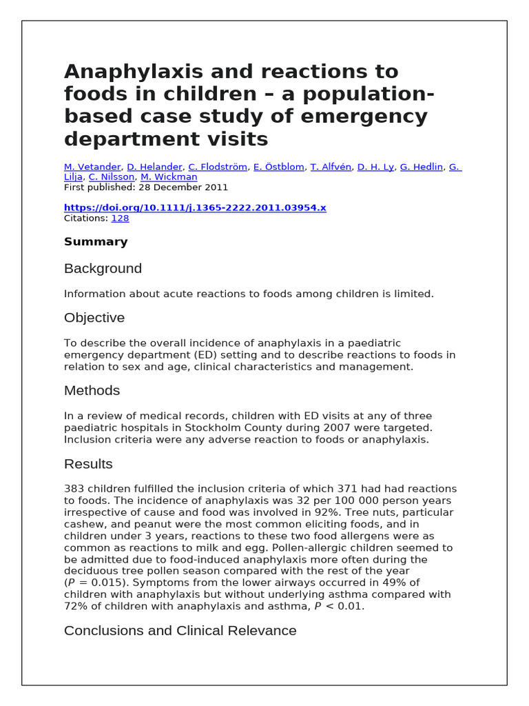 Anaphylaxis in Children: Food Reactions Study | PDF