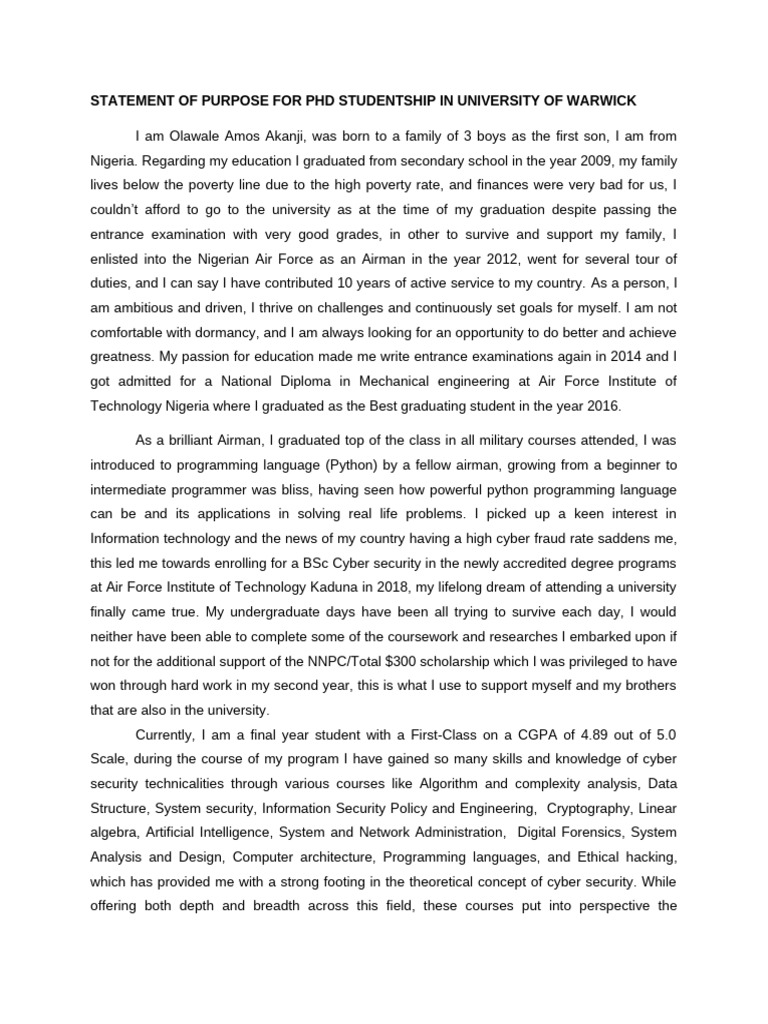 Statement of Purpose For PHD Studentship in University of Warwick | PDF ...