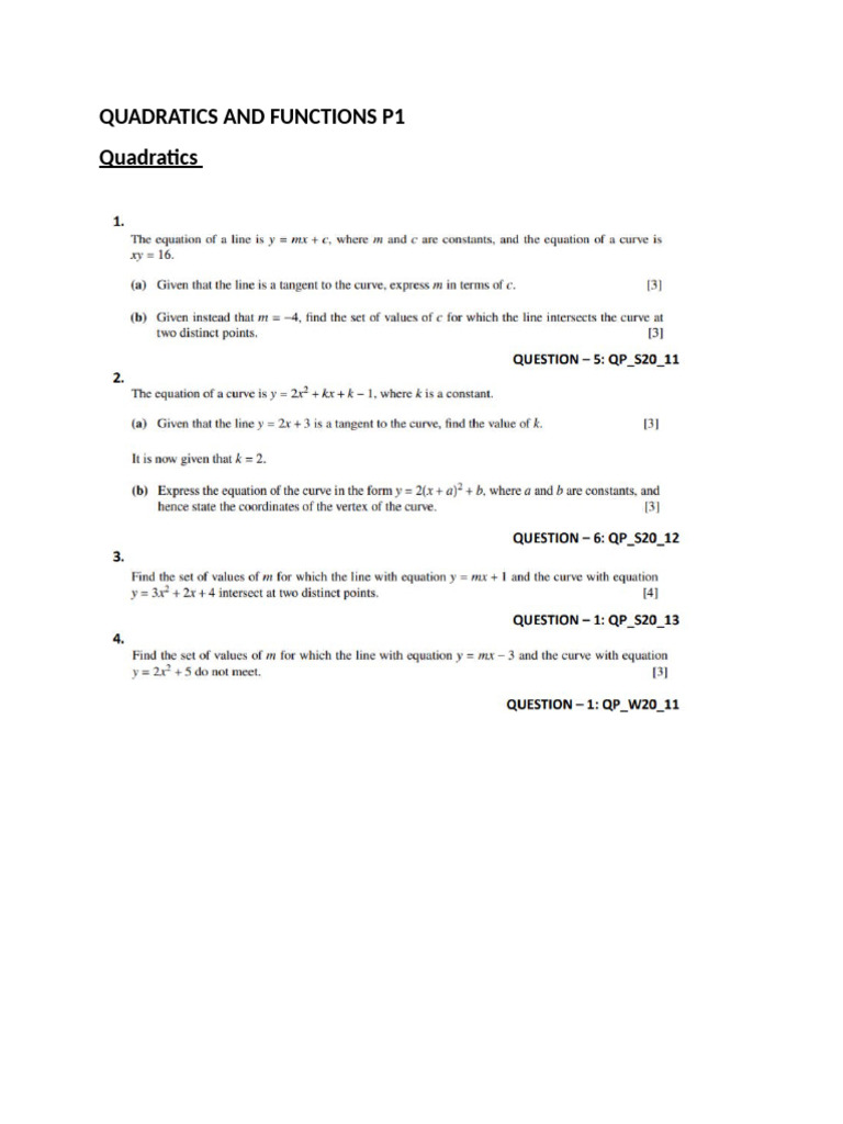 Quadratics and Functions P1 | PDF