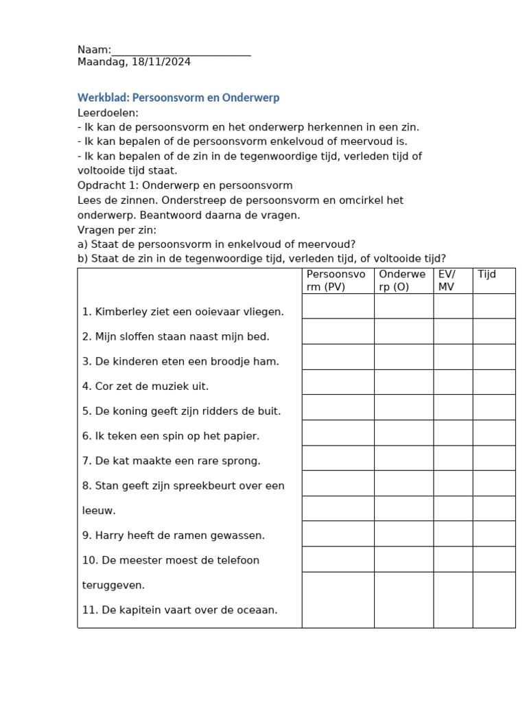 Werkblad Persoonsvorm en Onderwerp | PDF