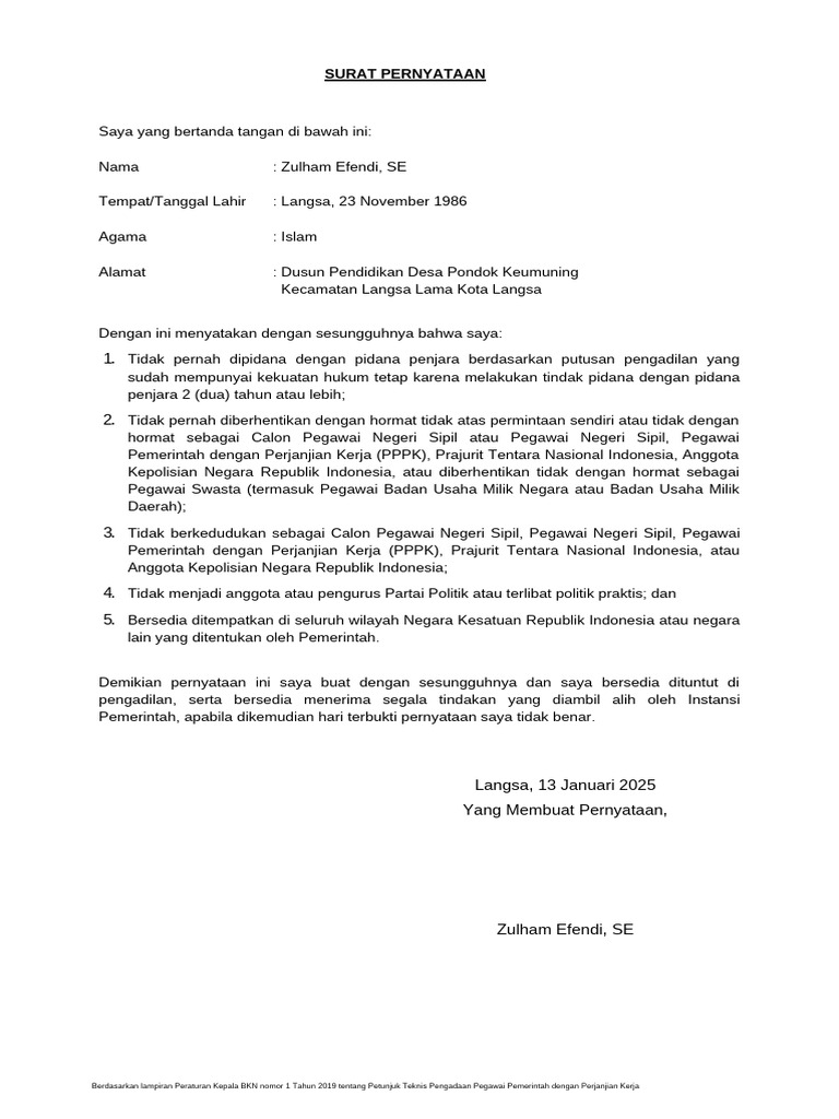 Surat Pernyataan Zulham Efendi SE | PDF