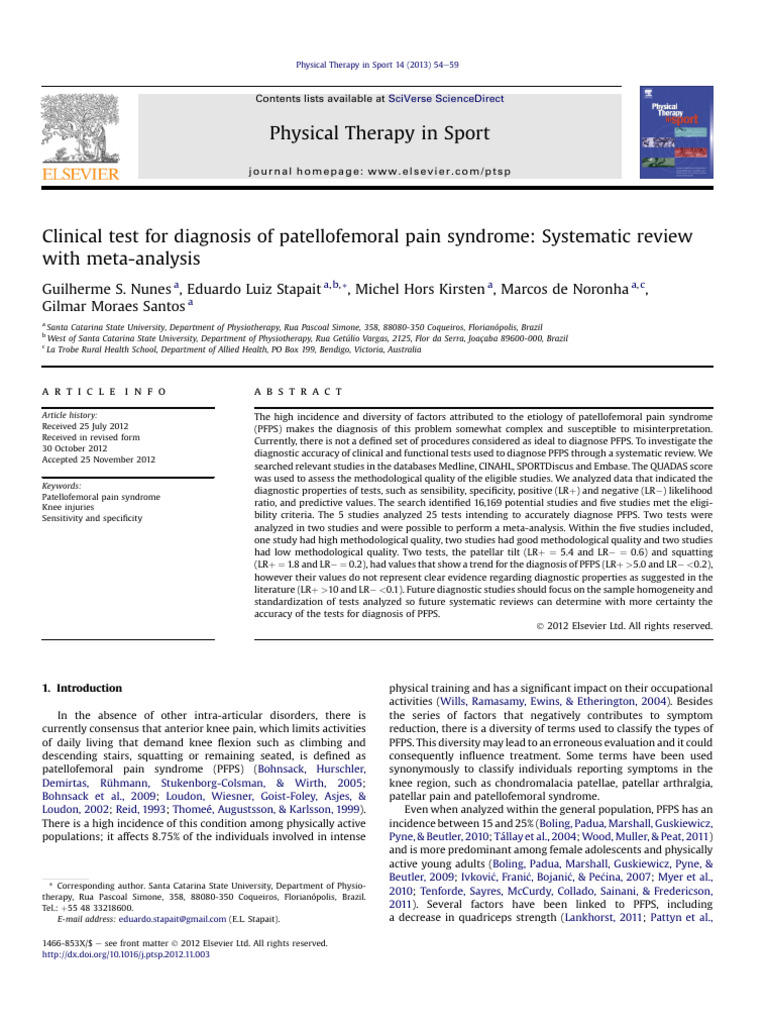 Clinical Test For Diagnosis of Patellofemoral Pain Syndrome | PDF ...
