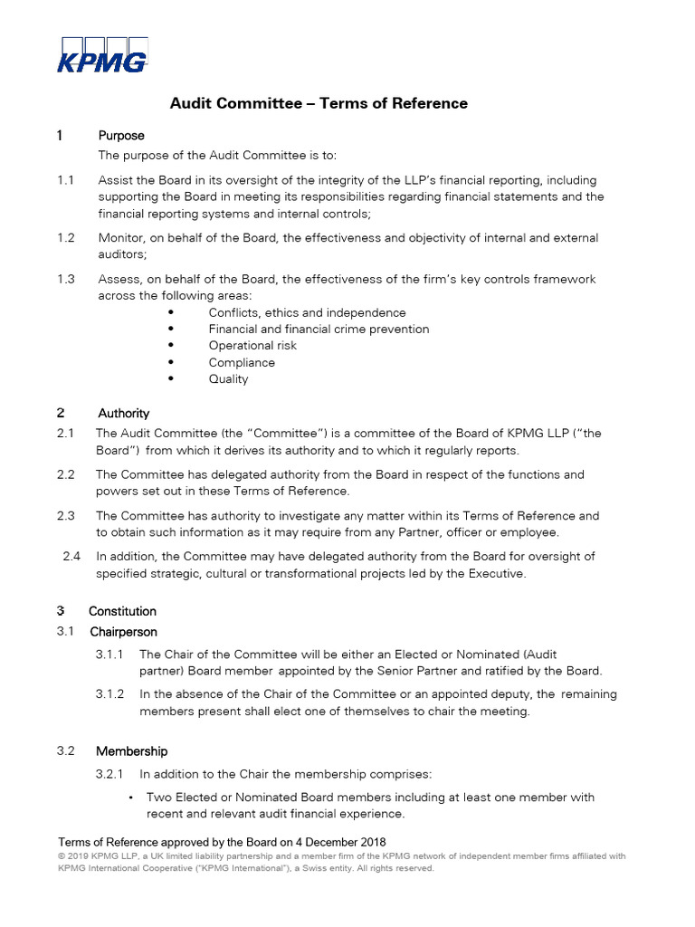 Audit Committee - Terms of Reference | PDF | Internal Audit | Internal Control