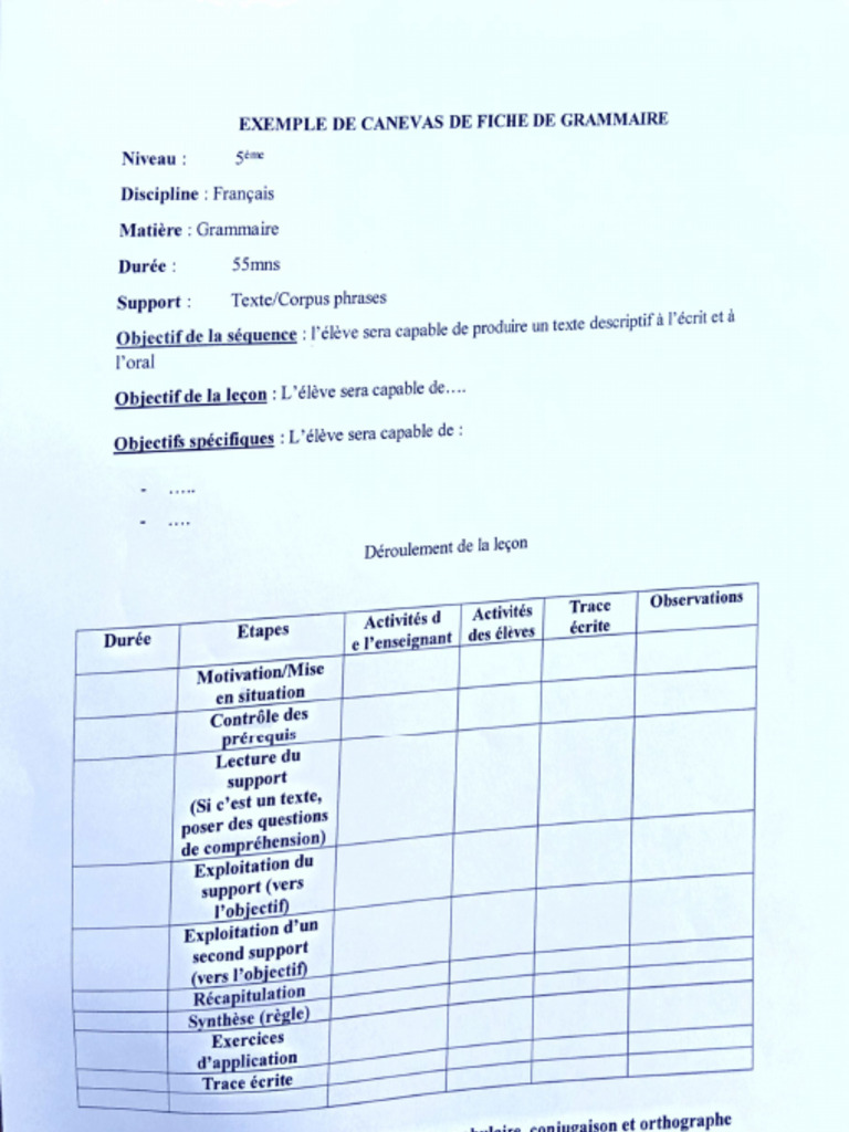 Exemple de Canevas de Fiche de Leçon | PDF