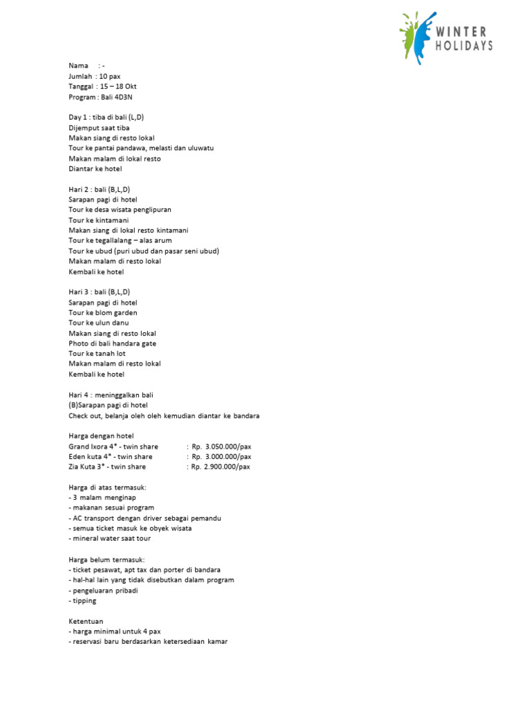 Paket Wisata Bali 4D3N Lengkap | PDF