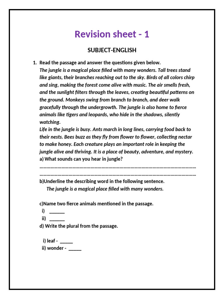 English Revision Sheet: Jungle Passage | PDF