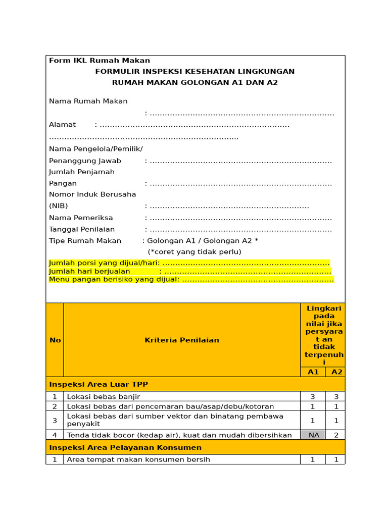 Formulir Inspeksi Rumah Makan A1/A2 | PDF