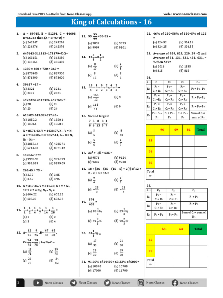 King of Calculations Sheet 16 | PDF