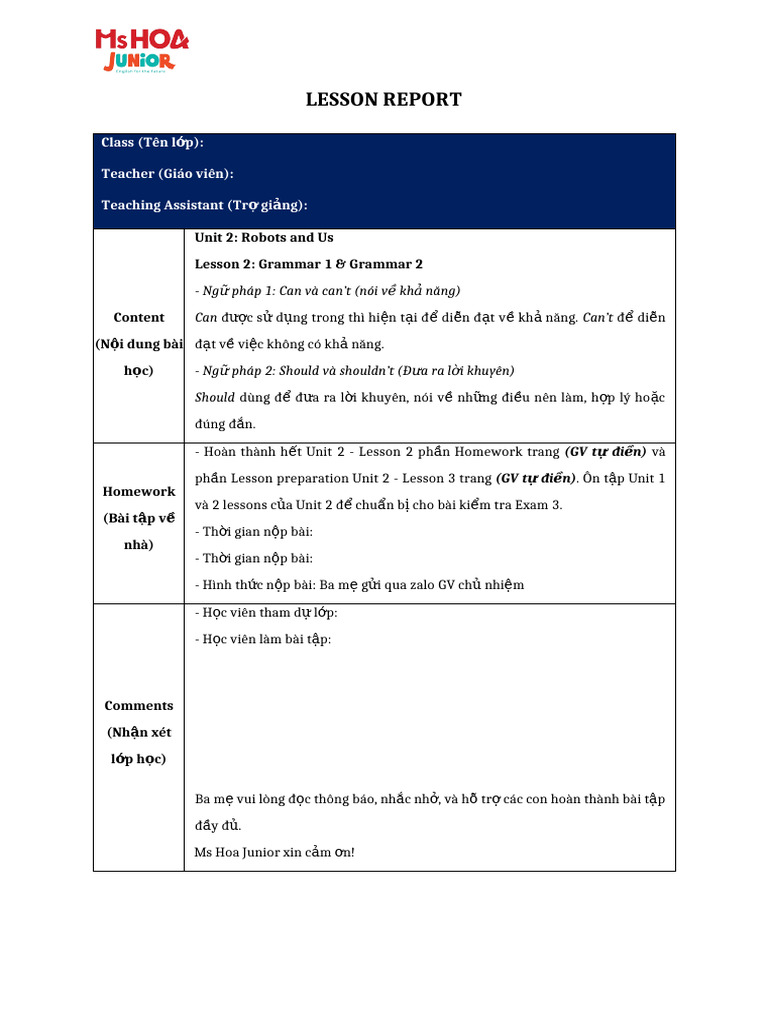 LESSON REPORT - U2-L2 - PF | PDF
