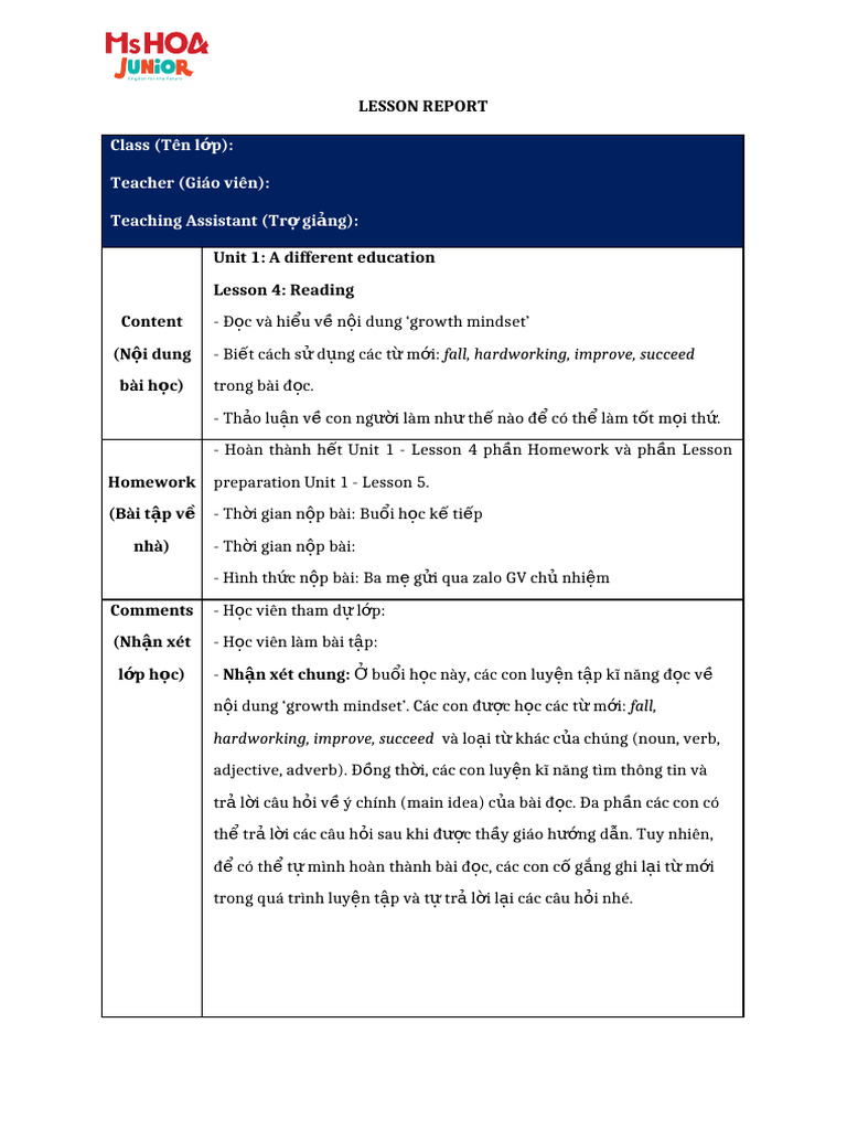 LESSON REPORT - U1-L4 - PF | PDF