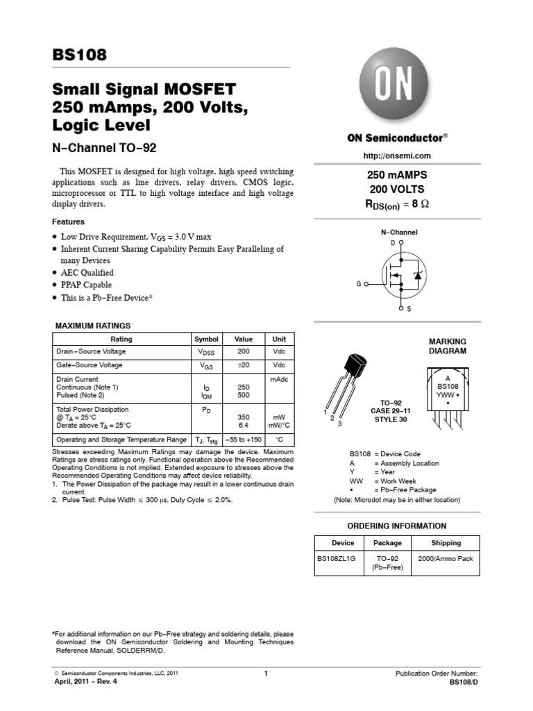 MOSFET BS108 200V 250ma 8O Vth1.5 TO-92 | PDF | Mosfet | Field Effect ...
