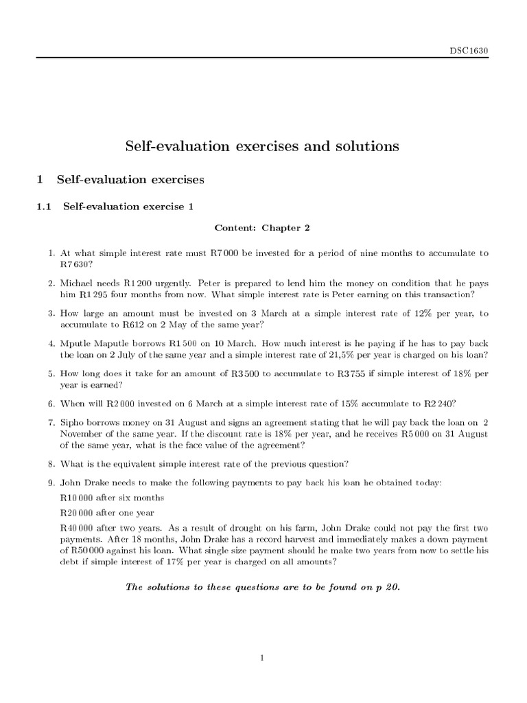 DSC1630 - Self-Evaluation Exercises-2024 | PDF | Interest | Present Value