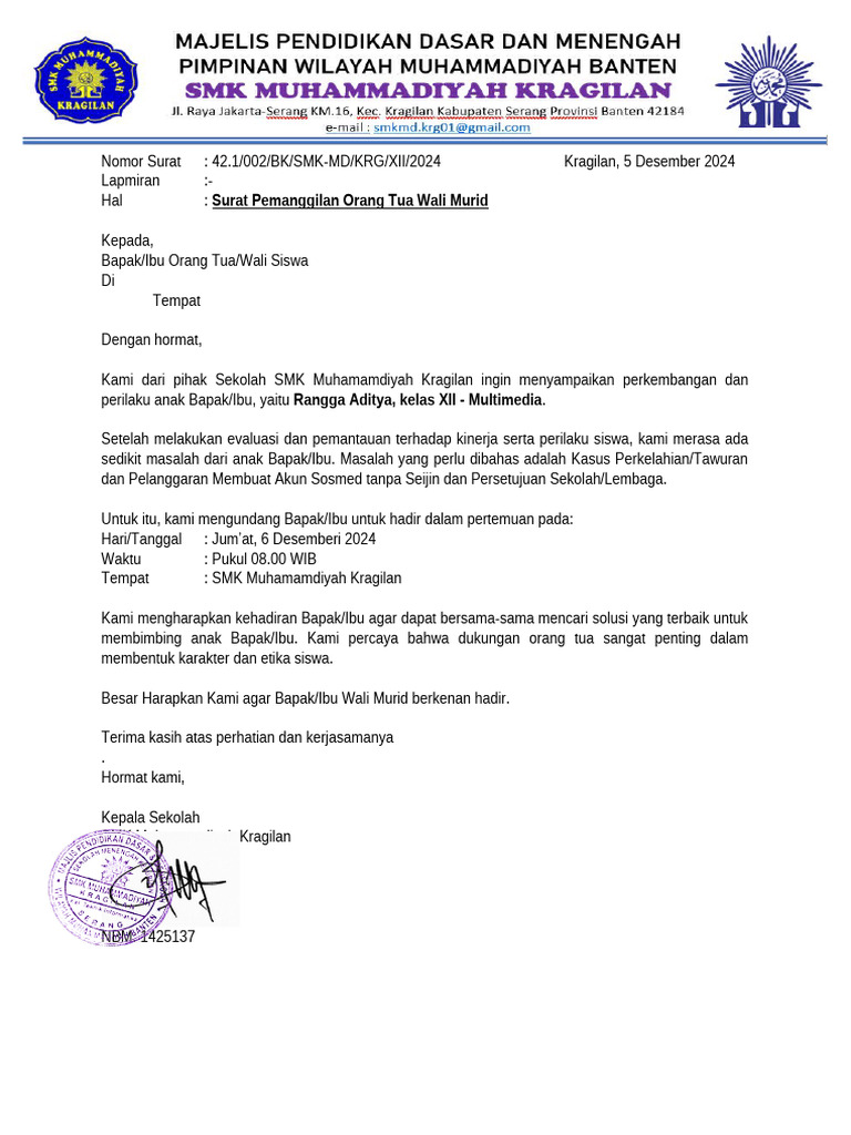 Pemanggilan Orang Tua Wali Murid | PDF