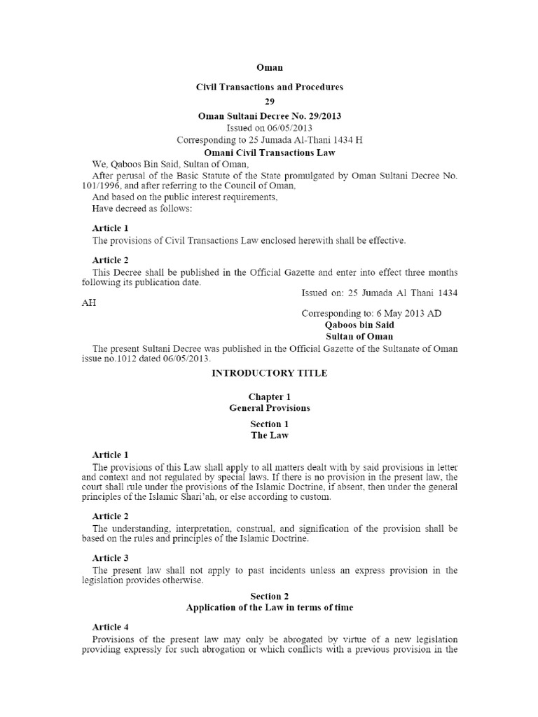Civil Transactions Law OMN | PDF