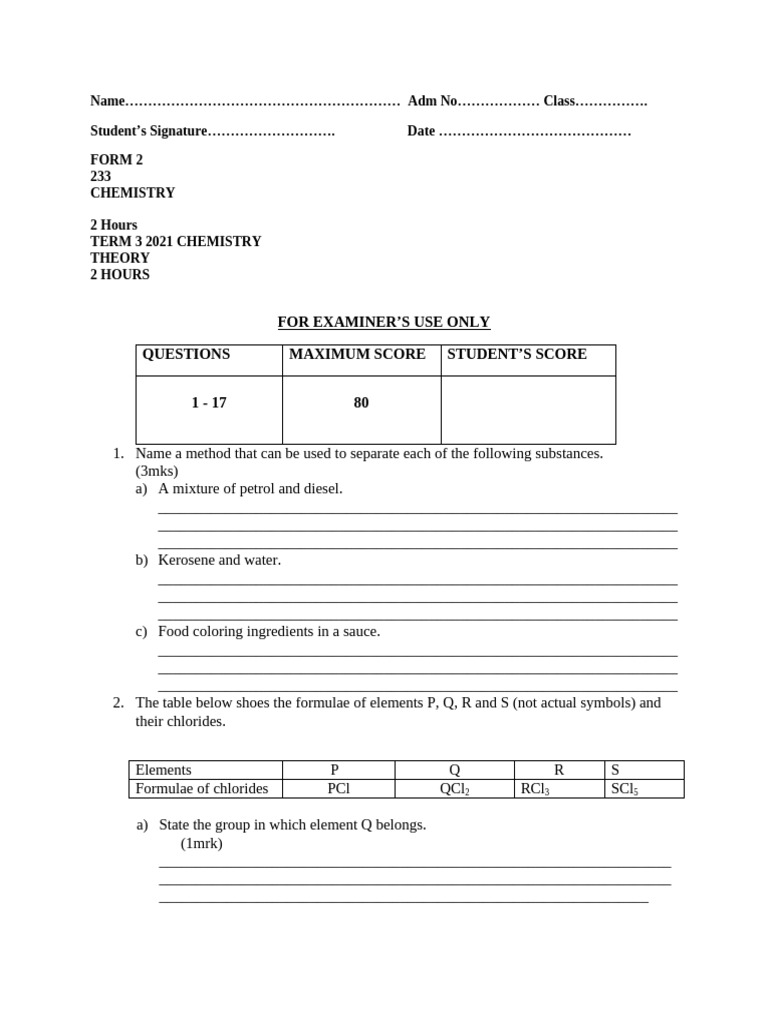Chemistry F2 Term 3 2021 F2 Term 3 Exam 2021 | PDF | Ion | Calcium