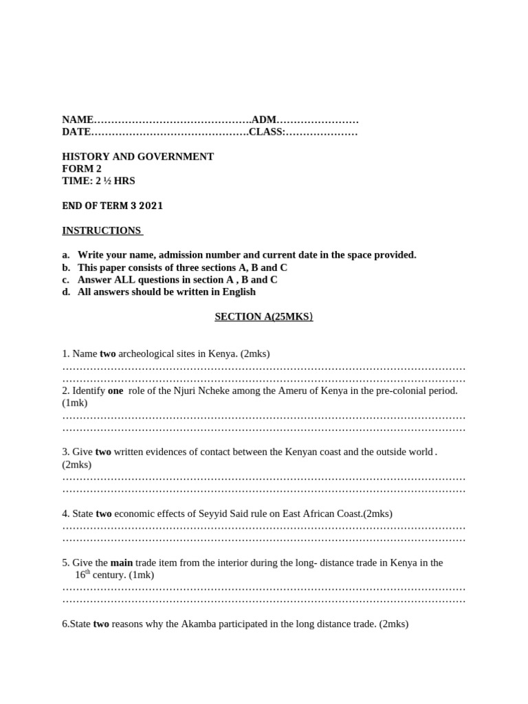 HIST-QN-F2-TERM-3-EXAM-2021 | PDF | Africa