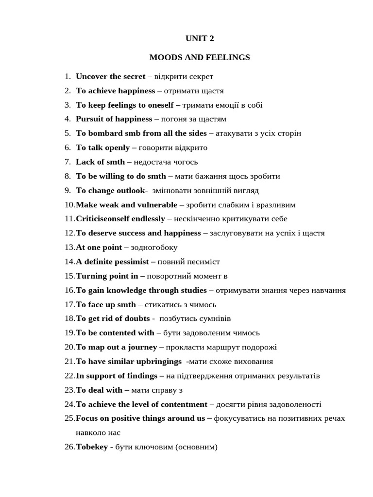 Unit 2 Moods and Feelings Vocabulary | PDF