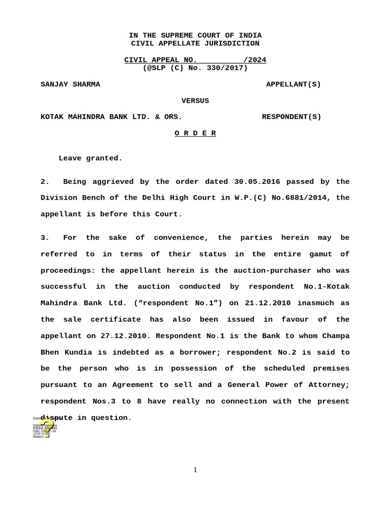 Sanjay Sharma Vs Kotak Mahindra Bank LTD | PDF | Deed | Appeal