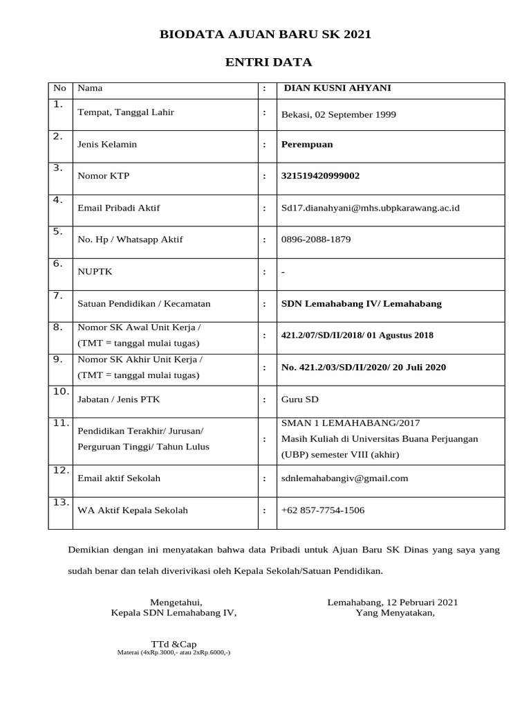 Form-1 Biodata SKD Baru | PDF